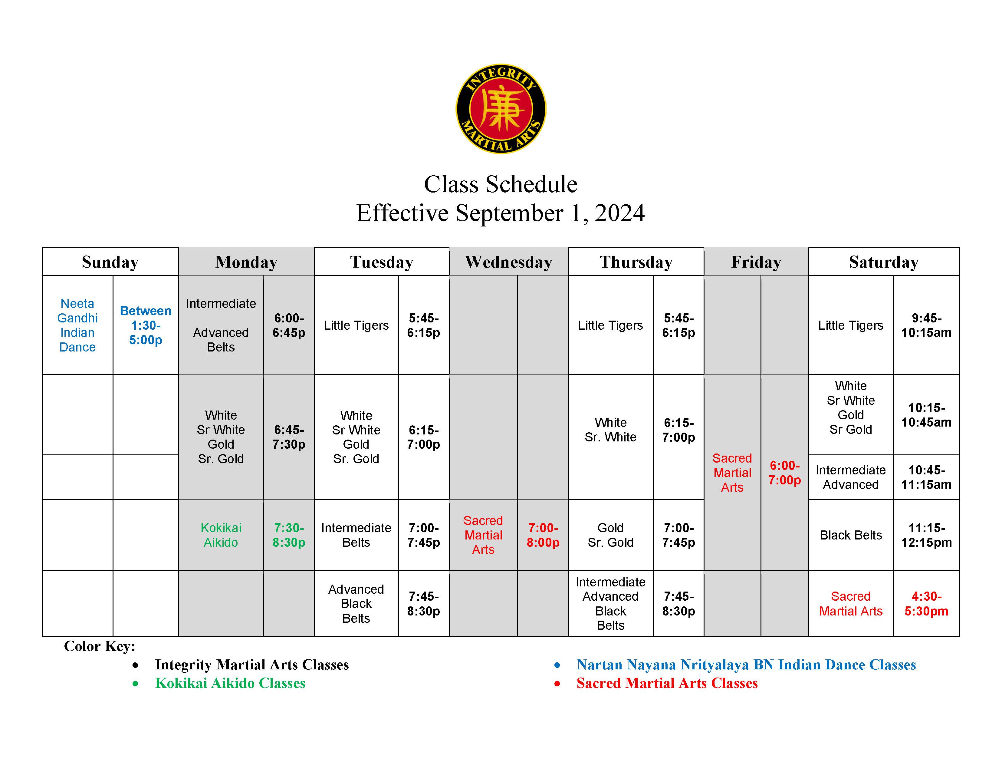 Thursday Class Schedule Change | Integrity Martial Arts